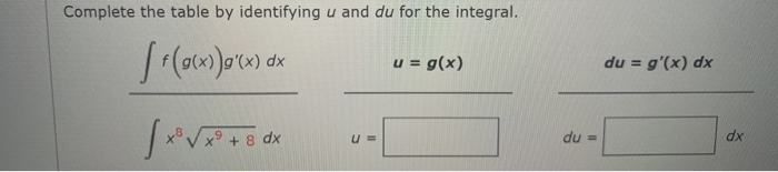 Solved Complete the table by identifying u and du for the | Chegg.com