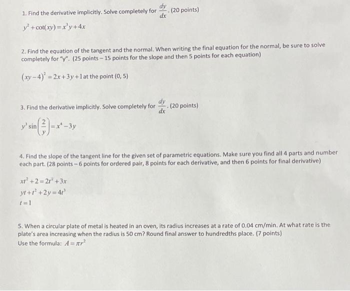 Solved 1. Find the derivative implicitly. Solve completely | Chegg.com