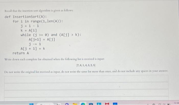 Solved Recall That The Insertion Sort Algorithm Is Given As 1660