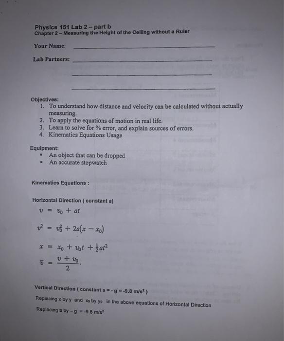 Physics 151 Lab 2-part b Chapter 2 - Measuring the | Chegg.com