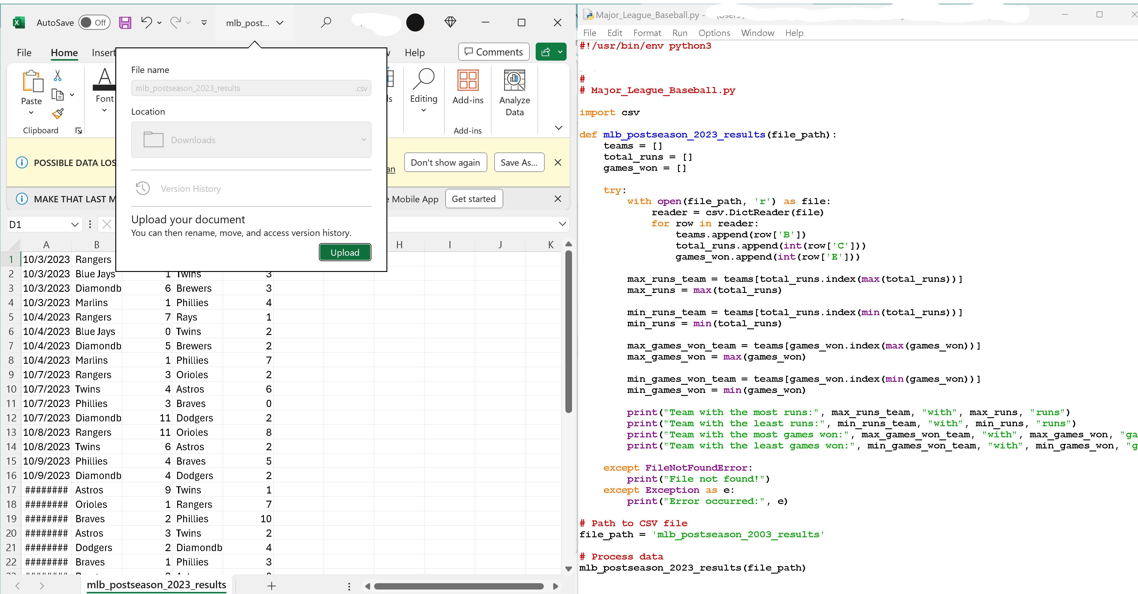 Solved Im having Import file and row issues with my python | Chegg.com