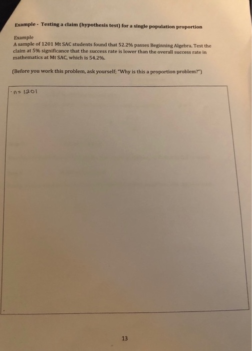 Solved Example - Testing a claim (hypothesis test) for a | Chegg.com