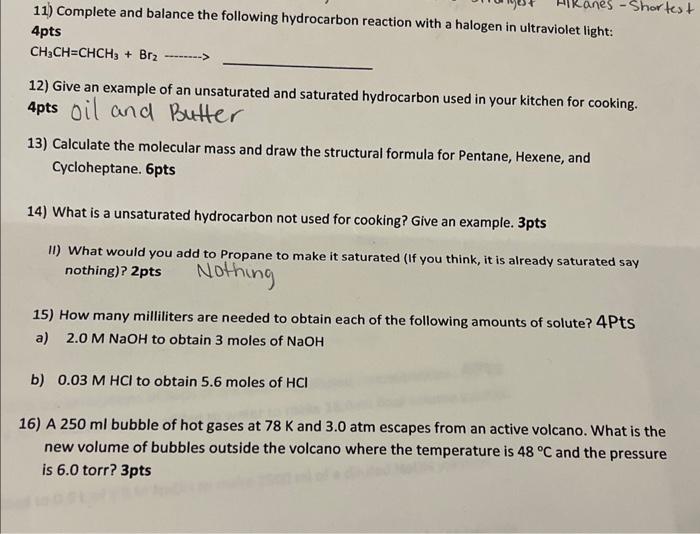 Solved 11) Complete and balance the following hydrocarbon | Chegg.com