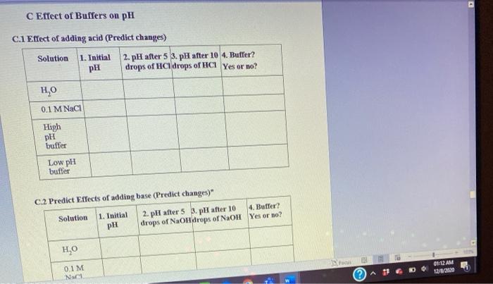 Solved C Effect of Buffers on pH C.1 Effect of adding acid | Chegg.com
