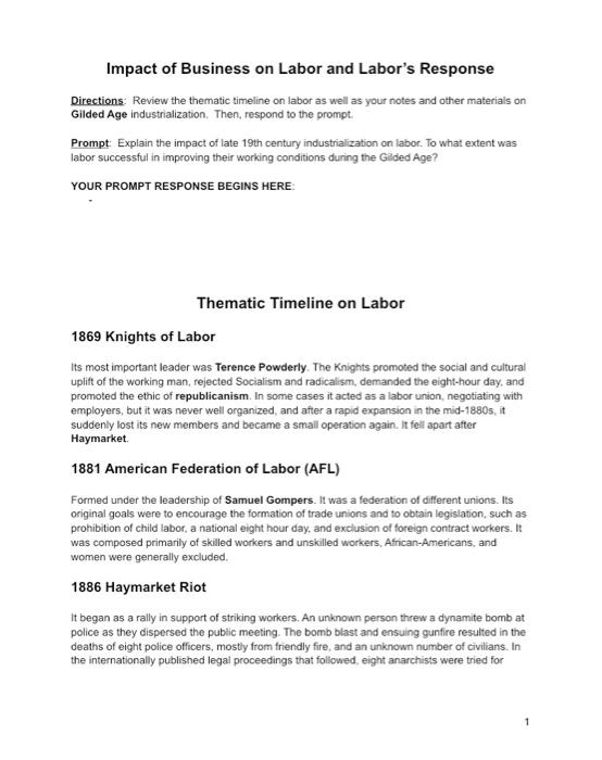 Impact of Business on Labor and Labor's Response | Chegg.com