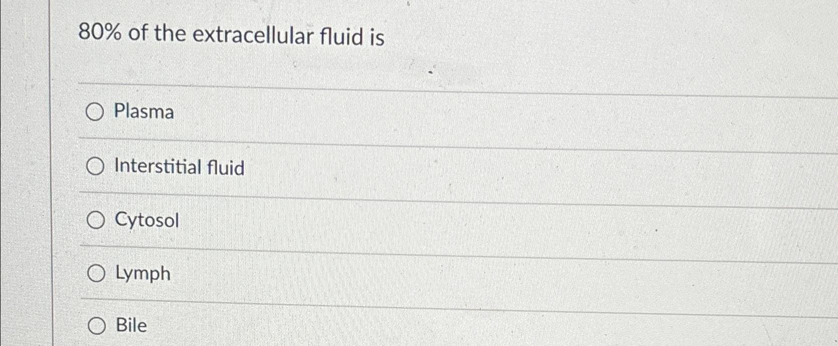 Solved 80% ﻿of the extracellular fluid isPlasmaInterstitial | Chegg.com