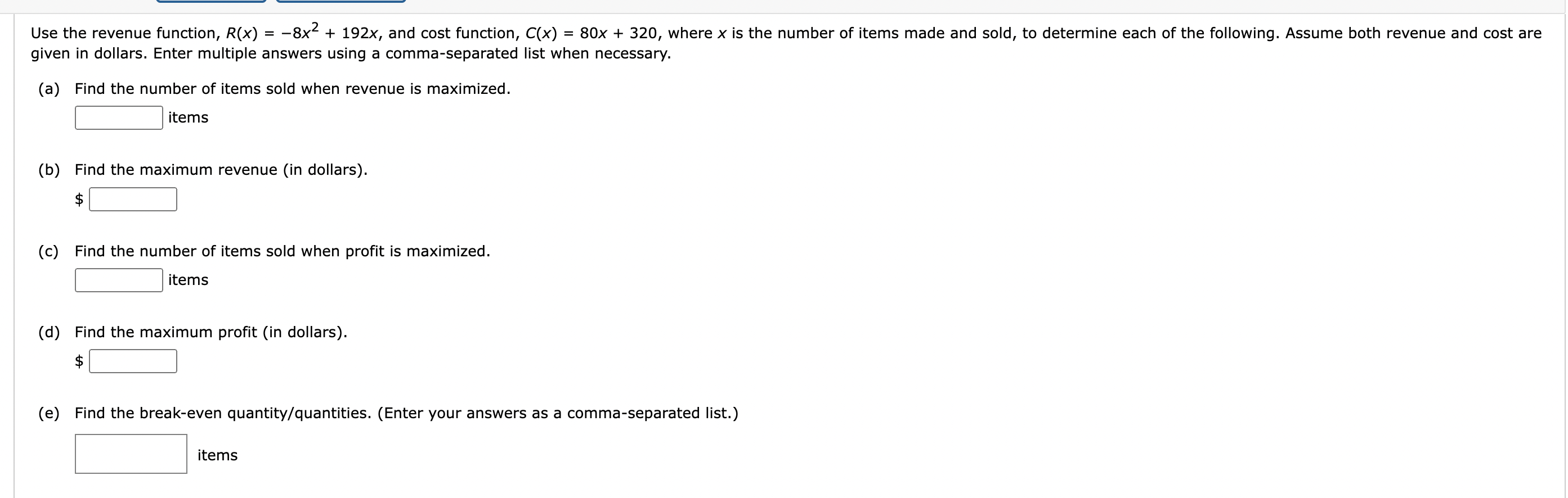 Solved Use the revenue function,R(x) = −8x2 + 192x,and cost | Chegg.com