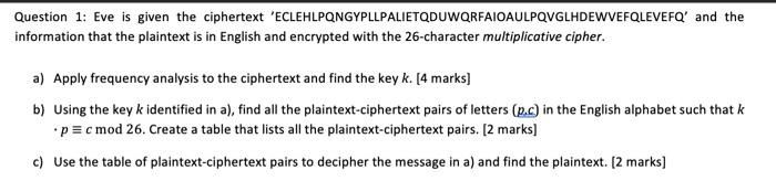 Solved Question 1: Eve is given the ciphertext | Chegg.com