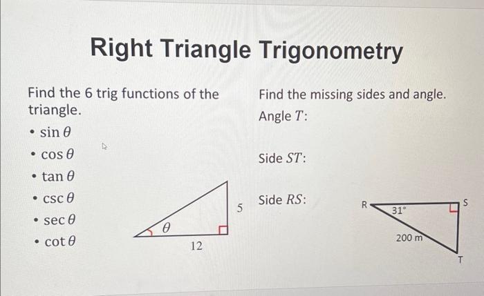 Solved Right Triangle Trigonometry 6 trig functions of the | Chegg.com