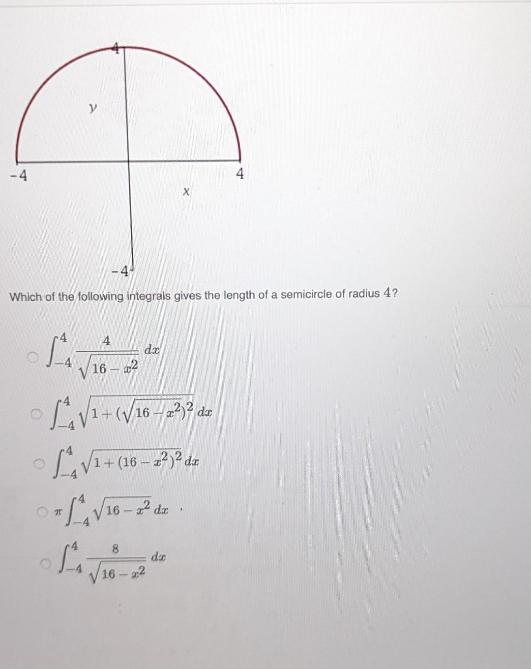 Solved -4 4 Х -4 Which of the following integrals gives the | Chegg.com