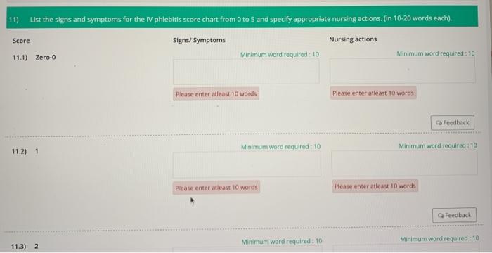 Solved 11) List the signs and symptoms for the IV phlebitis | Chegg.com