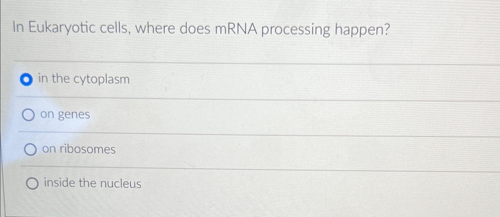 Solved In Eukaryotic cells, where does mRNA processing | Chegg.com