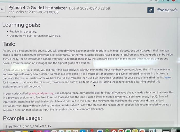 Solved Python 4.2: Grade List Analyzer Due at 2023-08-10 | Chegg.com