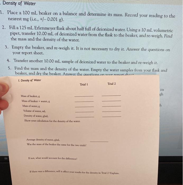 Density of Water 1. Place a 100 mL beaker on a | Chegg.com