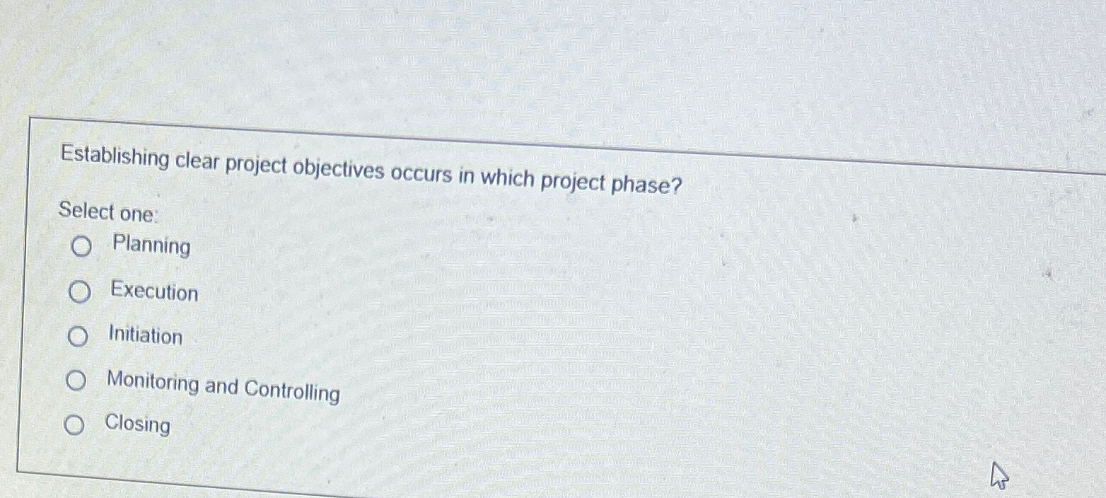 Solved Establishing clear project objectives occurs in which | Chegg.com