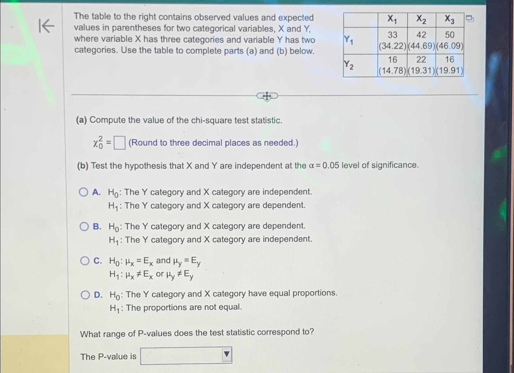 Solved The table to the right contains observed values and | Chegg.com