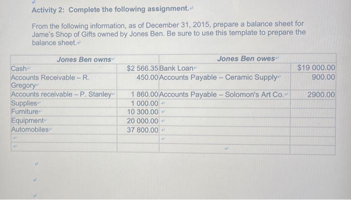Solved Activity 1: The Balance Sheet Questions: Identify the | Chegg.com