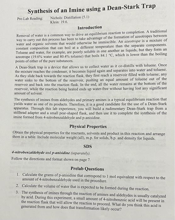 Solved Synthesis of an Imine using a Dean-Stark Trap Pre-Lab | Chegg.com