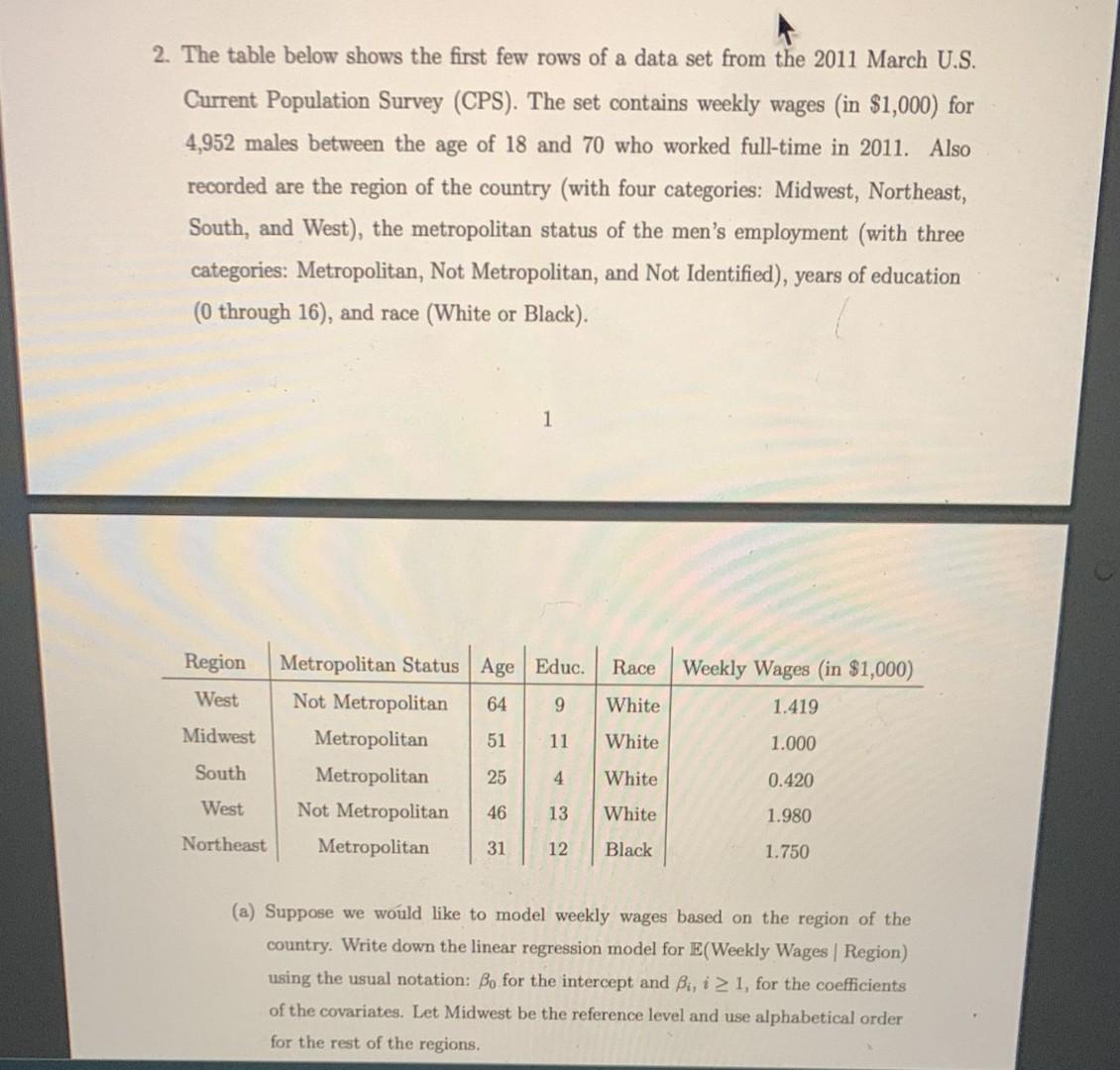 Solved 2. The table below shows the first few rows of a data | Chegg.com