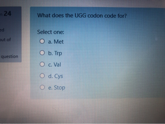 Solved n24 What does the UGG codon code for? ed Select one: | Chegg.com