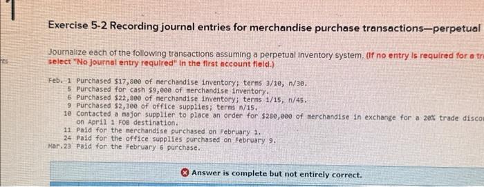 Exercise 5-2 Recording journal entries for | Chegg.com