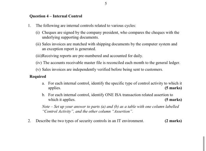 Solved 5 Question 4 - Internal Control 1. The following are | Chegg.com