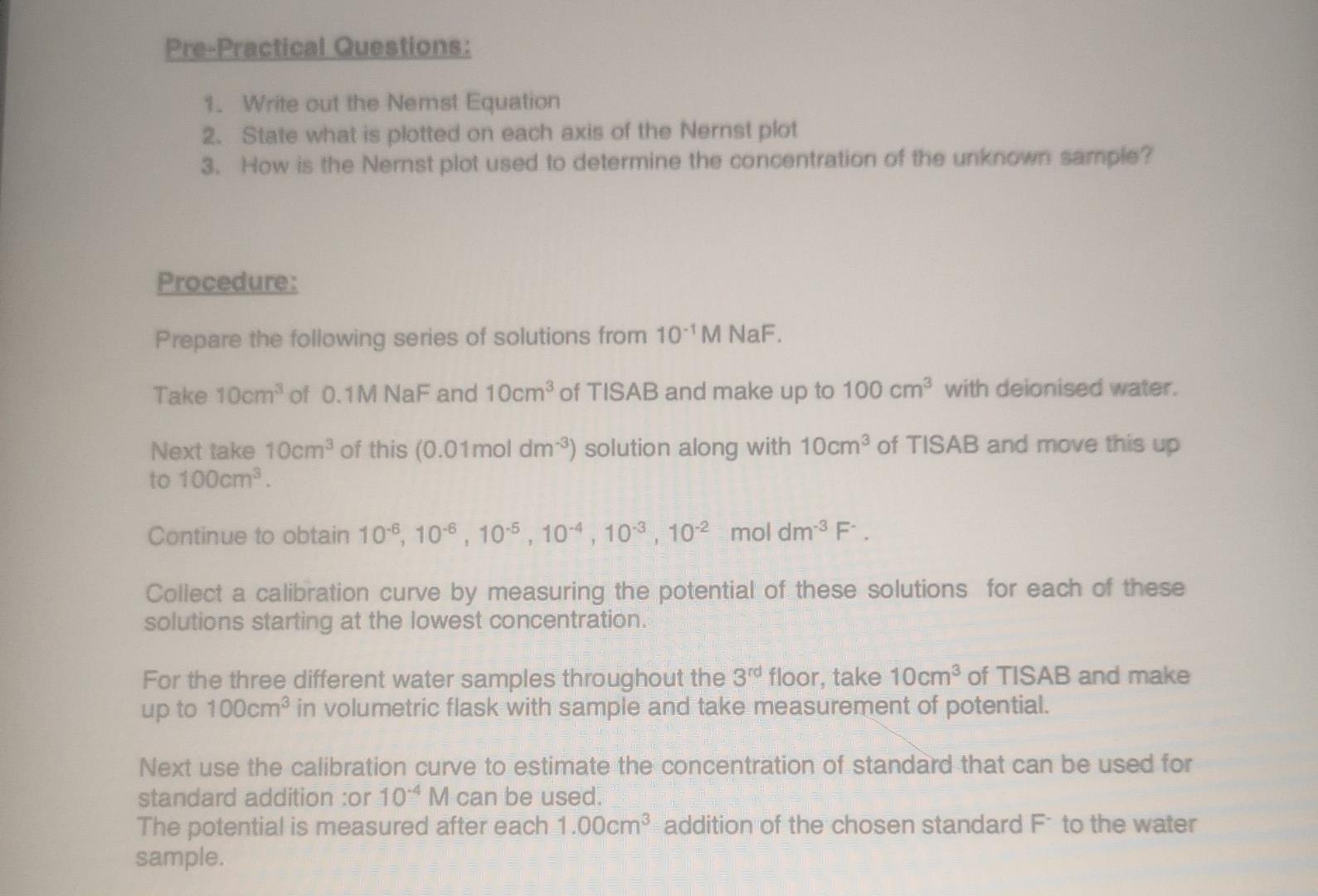 Solved "Collect a calibration curve using the potential of | Chegg.com