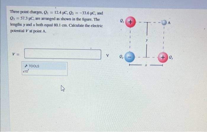 Solved Three point charges, Q1=12.4μC,Q2=−33.6μC, and | Chegg.com