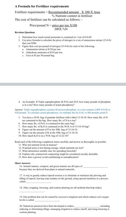 A Formula for Fertilizer requirements Fertilizer | Chegg.com