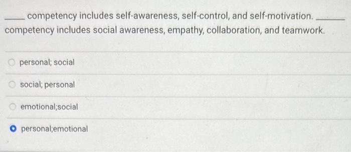competency includes self-awareness, self-control, and | Chegg.com