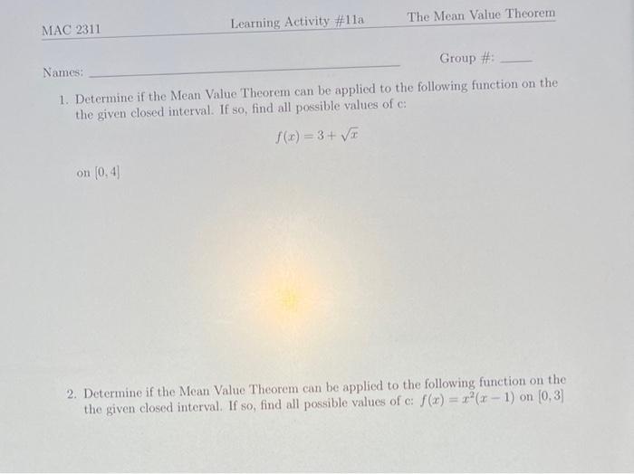 Solved The Mean Value Theorem MAC 2311 Learning Activity | Chegg.com