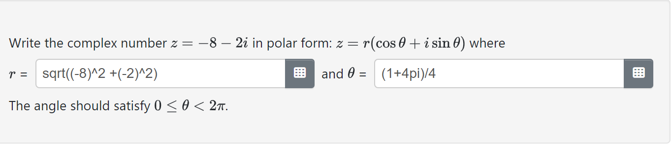 Solved Write the complex number z=-8-2i in polar form: | Chegg.com