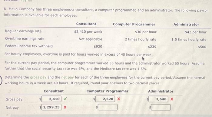 Solved K. Mello Company has three employees-a consultant, a | Chegg.com