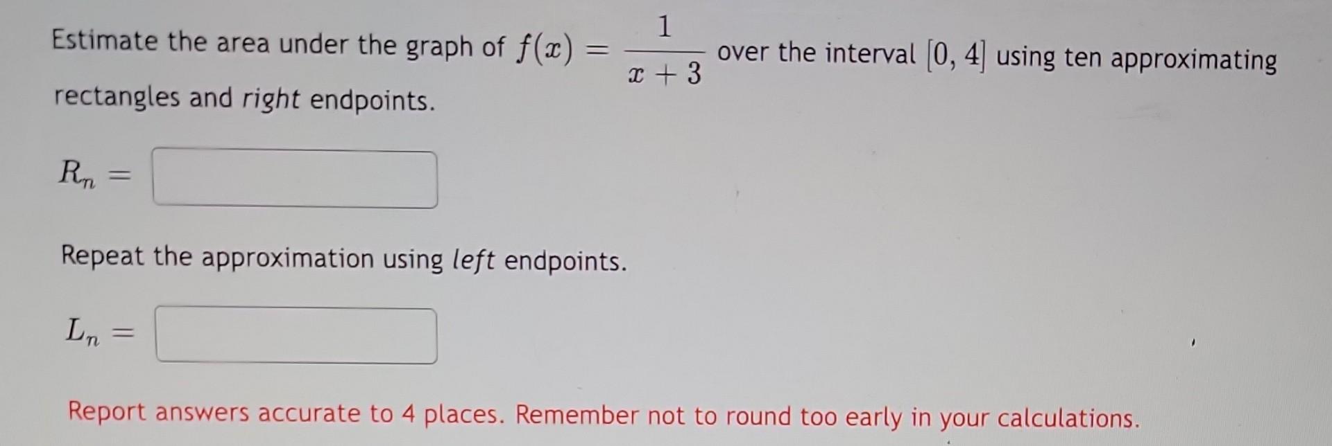 Solved Estimate the area under the graph of f(x) = 1/x+3 | Chegg.com
