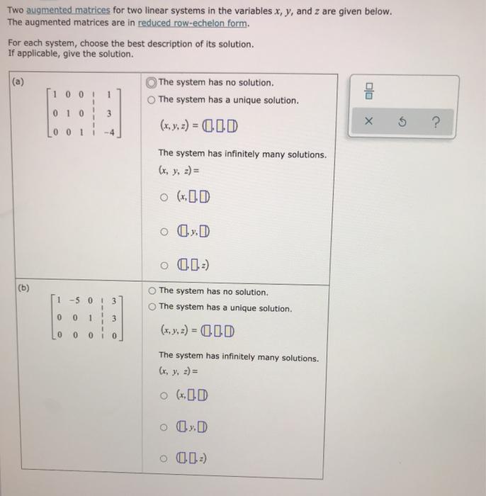 Solved Two augmented matrices for two linear systems in the | Chegg.com