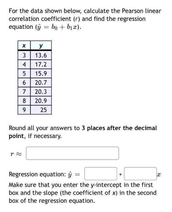 Solved For the data shown below, calculate the Pearson | Chegg.com