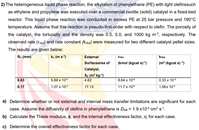Solved The heterogeneous liquid phase reaction, the | Chegg.com