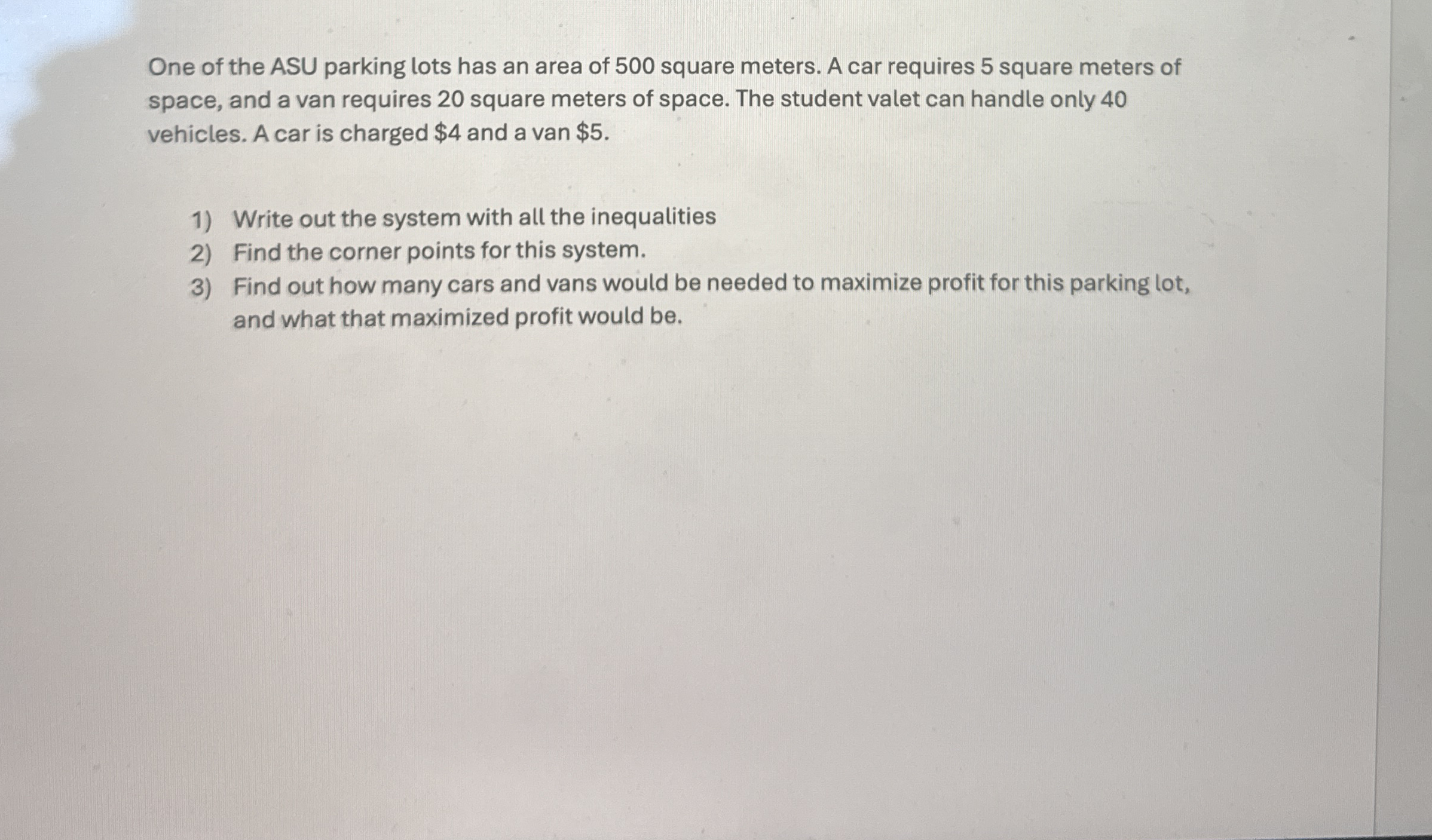 Solved One of the ASU parking lots has an area of 500 | Chegg.com
