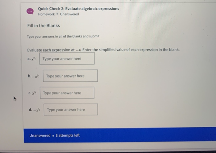 Solved Quick Check 2: Evaluate algebraic expressions | Chegg.com