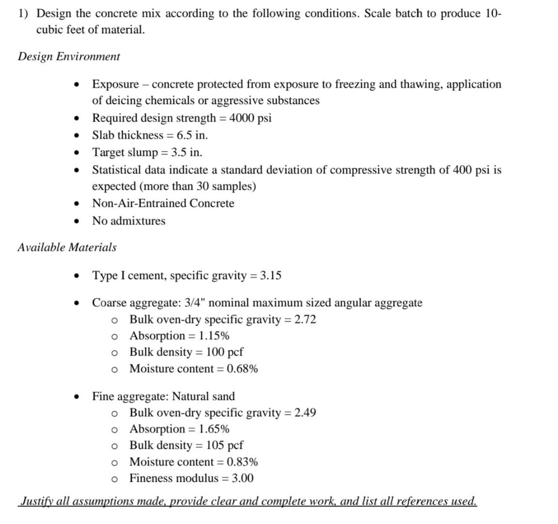Solved 1) Design the concrete mix according to the following | Chegg.com