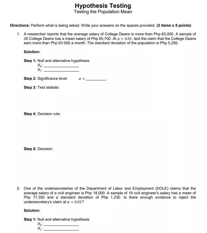 Solved Hypothesis Testing Testing The Population Mean