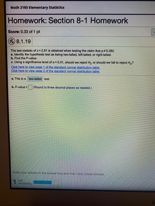 Solved Math 2193 Elementary Statistics Homework: Section 8-1 | Chegg.com