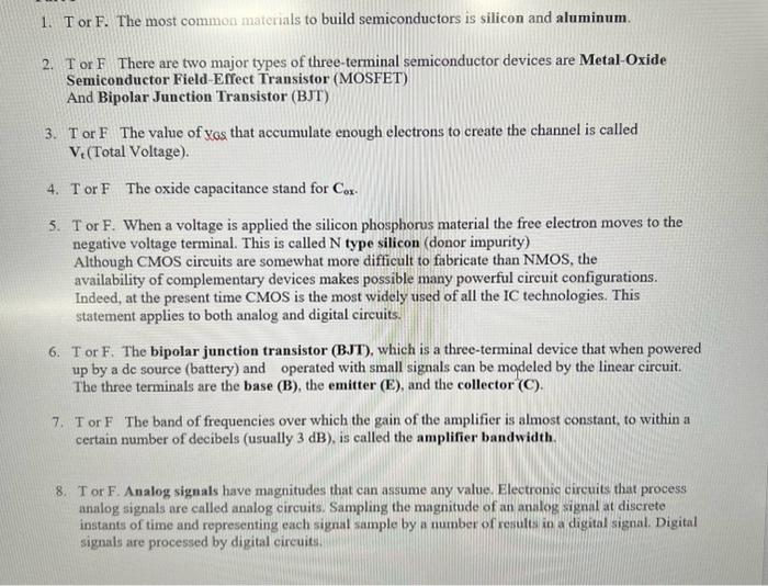 Solved 9. T or F. The input offset voltage, VOS, is the | Chegg.com