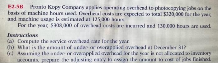 Solved E2-5B Pronto Kopy Company applies operating overhead | Chegg.com
