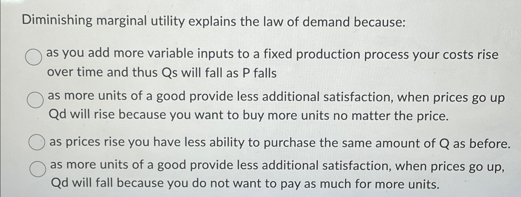 Solved Diminishing marginal utility explains the law of | Chegg.com