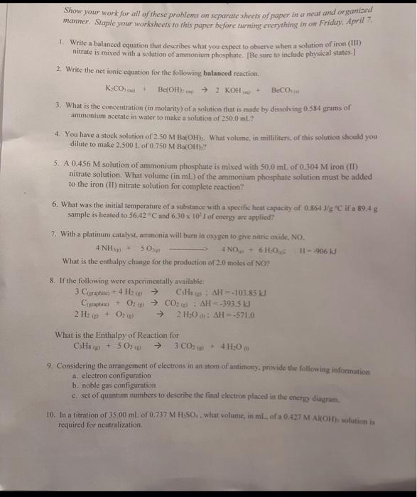 Solved Show your work for all of these problems on separate | Chegg.com