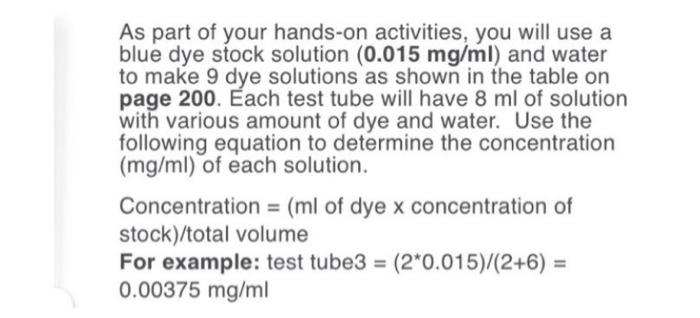 Solved Page 200 1. Using the stock blue dye solution (0.015 | Chegg.com