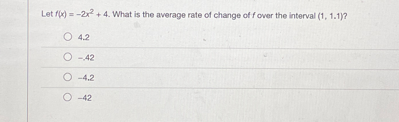 Solved Let f(x)=-2x2+4. ﻿What is the average rate of change | Chegg.com