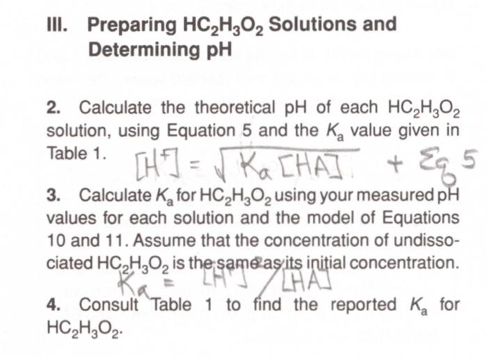 Solved III. Preparing HC2H3O2 Solutions and Determining pH | Chegg.com