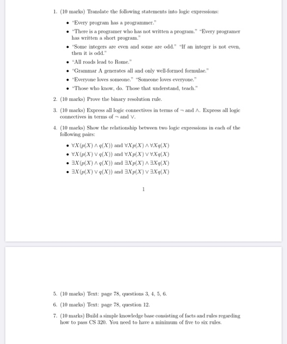 Solved 1. (10 marks) Translate the following statements into | Chegg.com